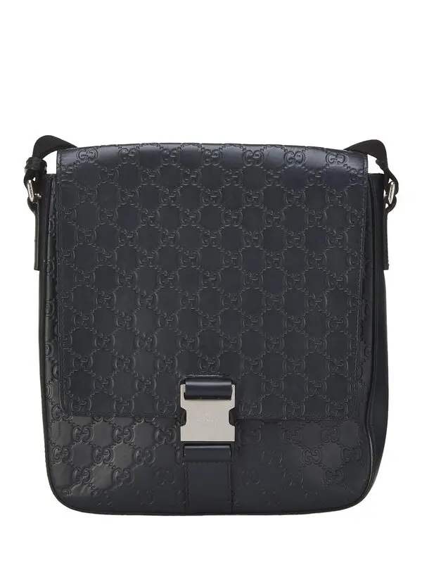 Gucci Guccissima Leather Messenger Bag With Buckle Flap - Navy