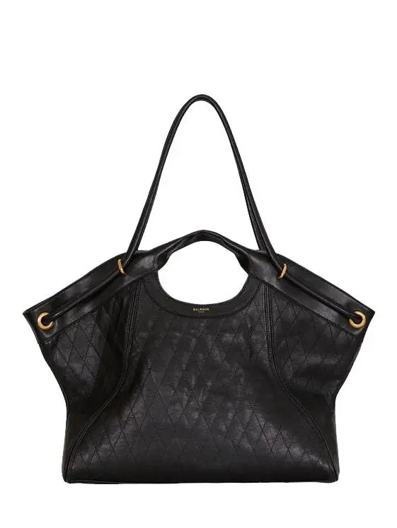 Balmain Large Tote In Topstitched Lambskin Leather - Black