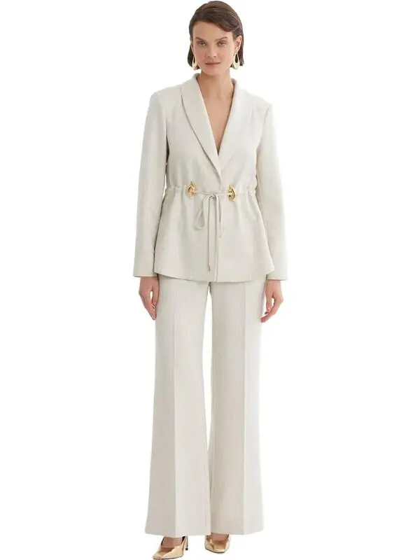 GIZIA Ecru Shawl Collar Drawstring Waist Blazer And Pants Set - Ivory