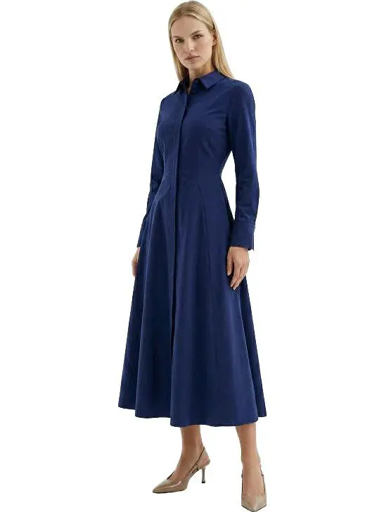 EXQUISE Fenetta Fitted Midi Shirt Dress - Navy