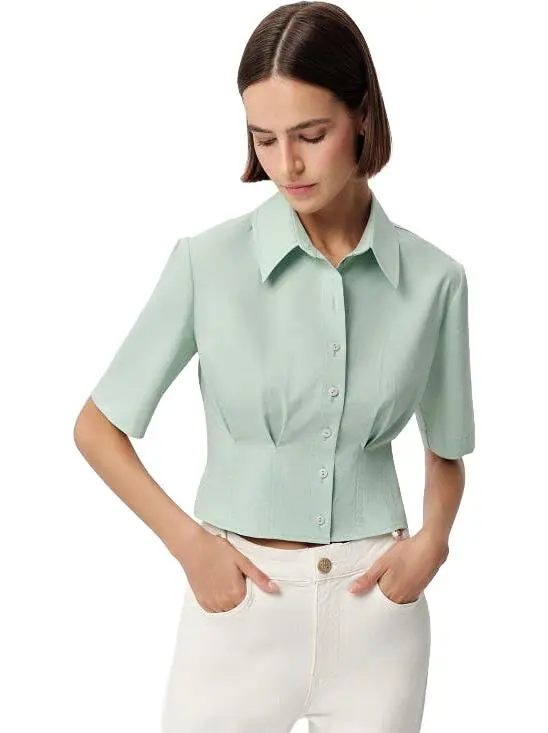 EXQUISE Fitted Cropped Shirt With Pleated Waist - Green