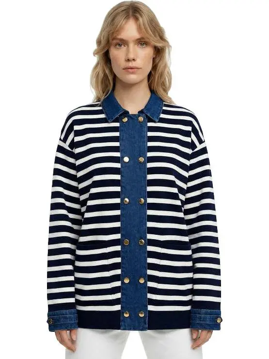 EXQUISE Gaetan Long Sleeve Striped Knit Cardigan - Navy