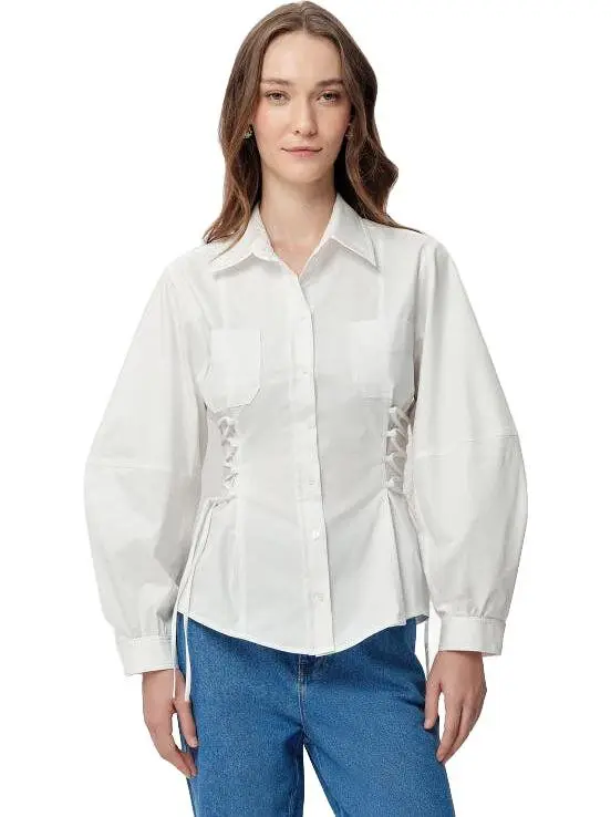 EXQUISE Fitted Waist Balloon Sleeve Shirt - Bone