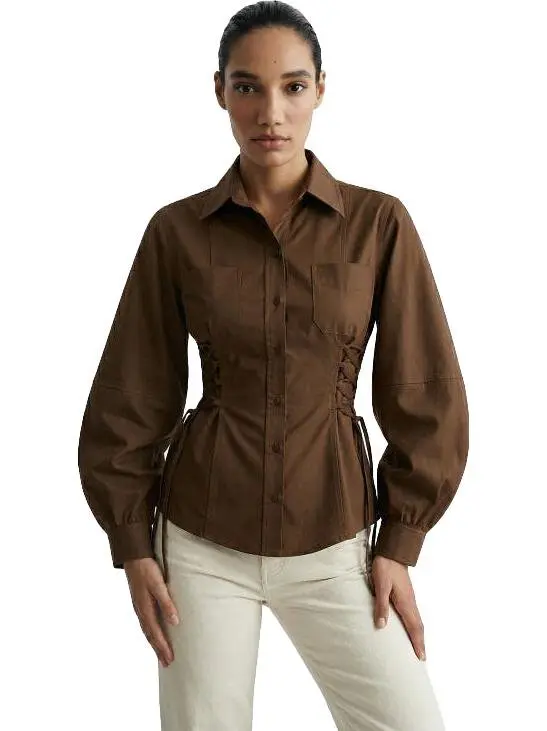 EXQUISE Fitted Waist Balloon Sleeve Shirt - Brown