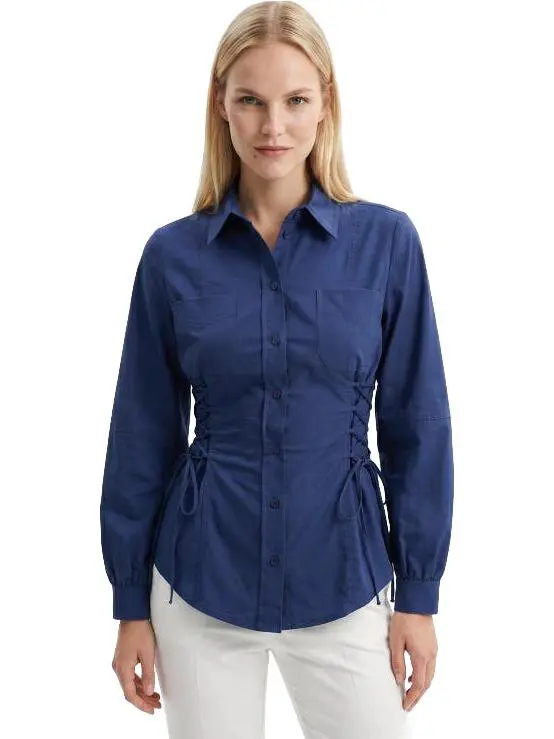 EXQUISE Fitted Waist Balloon Sleeve Shirt - Navy