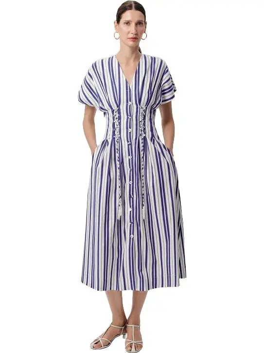 EXQUISE Aldrick V Striped Midi Dress With V-neckline And Self-tie Waist - Sax