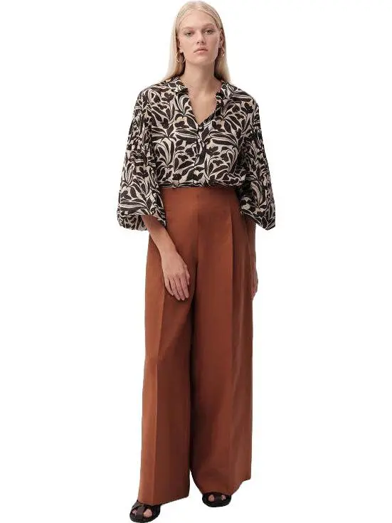EXQUISE High-waisted Wide Leg Linen Trousers - Brown