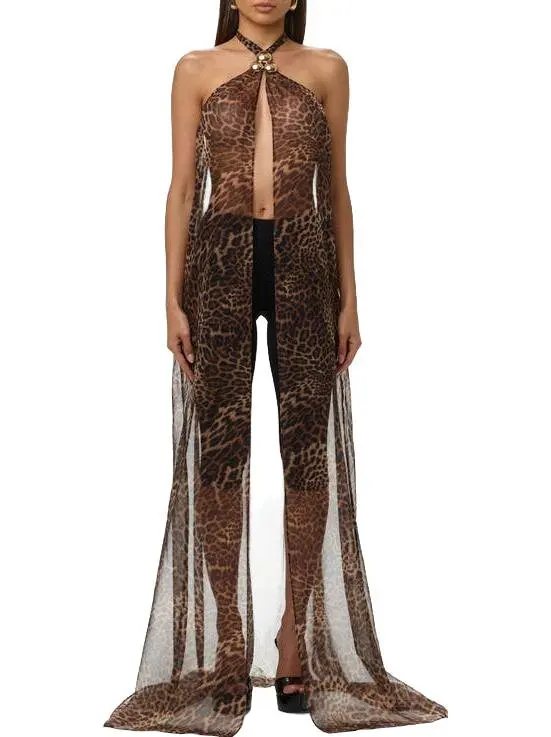 Naked Wardrobe Leopard Print Halter Chiffon Tunic Top - Spotted Leopard