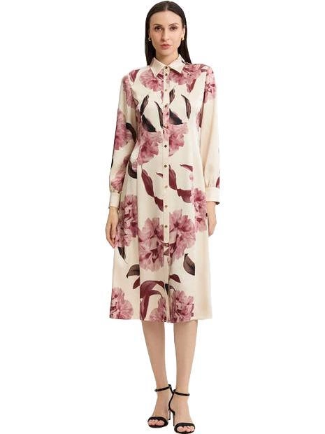 Misook Floral Crepe De Chine Midi Shirtdress - Honeysuckle/russet/charmeuse