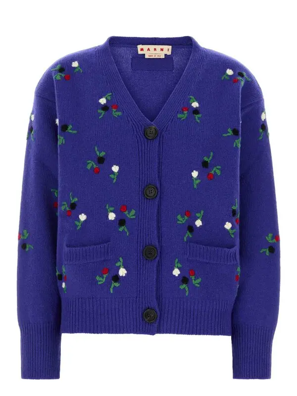 Marni Embroidered Wool Blend Cardigan - Blue