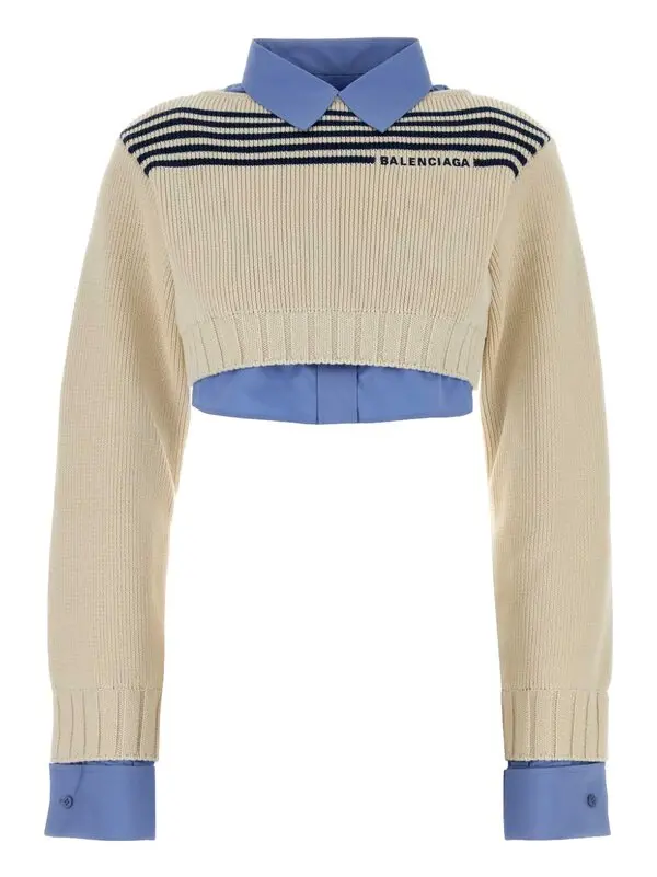 Balenciaga Ivory Cotton Cropped Pullover With Striped Detail - White