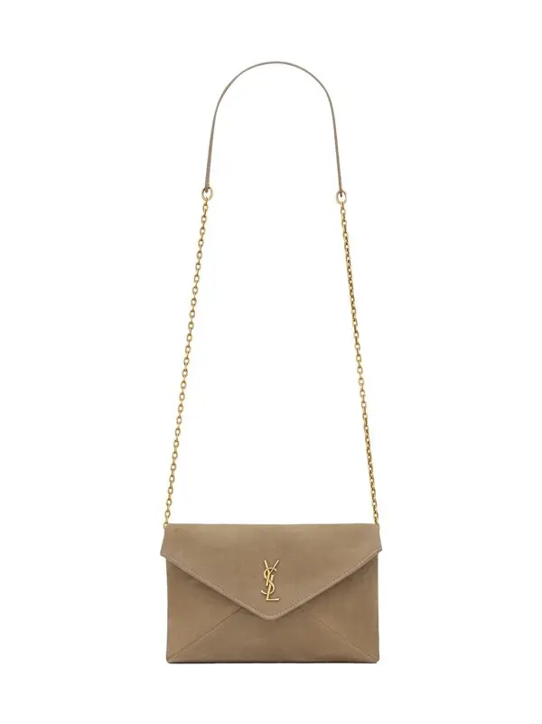 Saint Laurent Cassandre Small Chain Pouch In Suede - Light Cumin