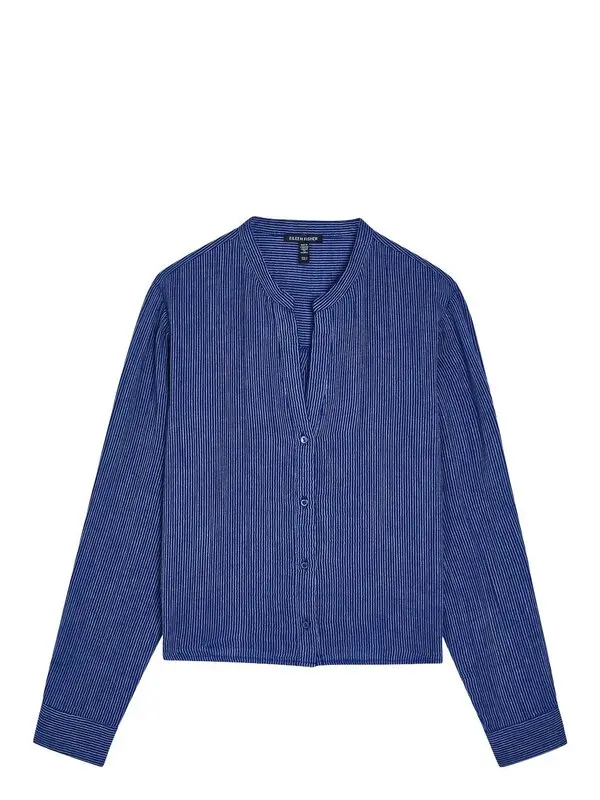 Eileen Fisher Striped Organic Cotton Blouse With Mandarin Collar - Navy