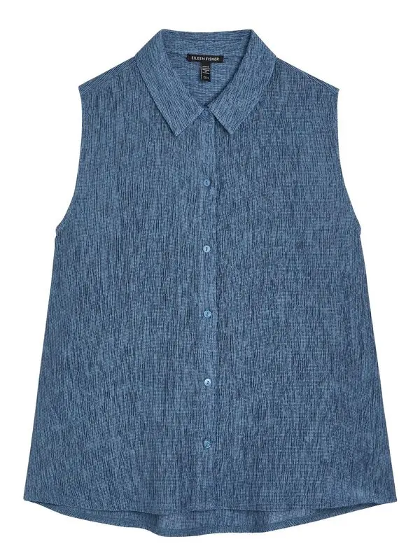 Eileen Fisher Crinkled Sleeveless Woven Shirt - Blue