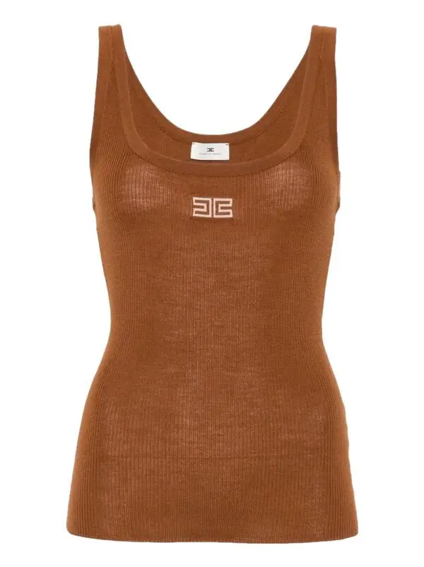 Elisabetta Franchi Ribbed Knit Tank Top With Embroidered Logo - Brown