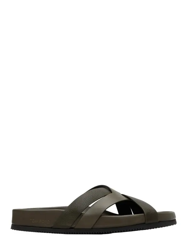 TOM FORD Grain Leather Criss-cross Strap Slippers - Dark Moss