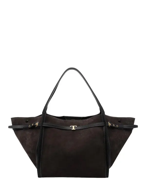 TOD'S Medium Suede T Signature Shopping Bag - Brown