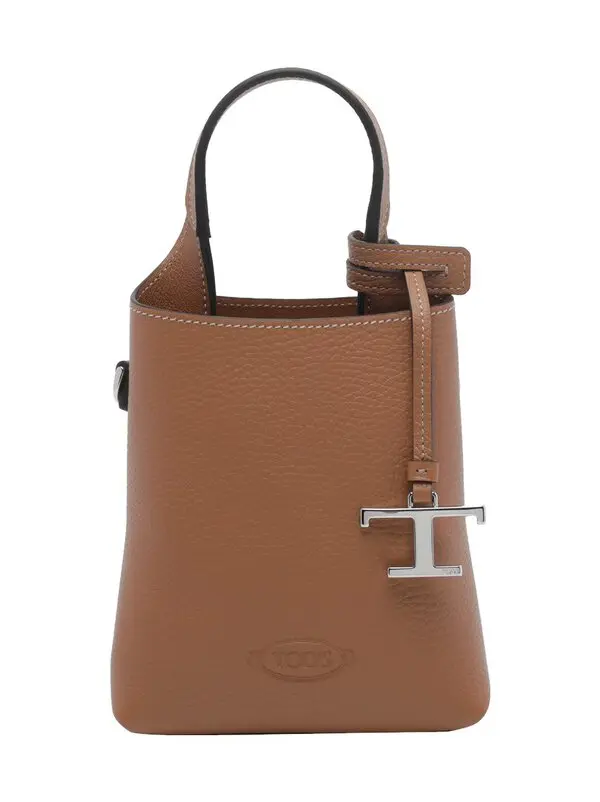 TOD'S Micro Leather Handbag With Decorative Stitching And Charms - Brown