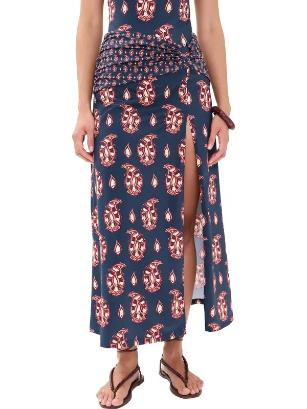 Johanna Ortiz Paisley Print Ruched Waist Ankle Skirt - Navy/rose