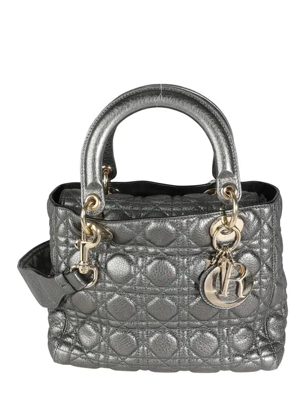 Dior Metallic Silver Cannage Leather Lady Tote - Green