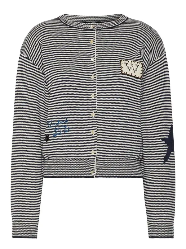 Max Mara Striped Crew Neck Cardigan With Appliqué And Embroidery - Navy