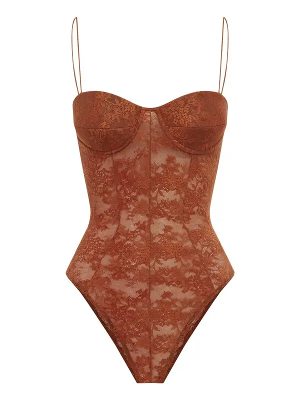 Alex Perry Cupped Sheer Stretch Lace Bodysuit - Orange
