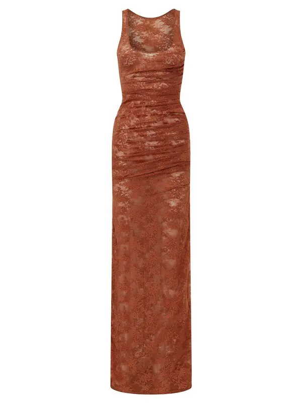 Alex Perry Singlet Sheer Stretch Lace Column Maxi Dress - Orange