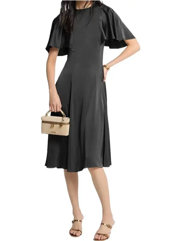 Michael Kors Cape Sleeve Satin Midi Dress - Black