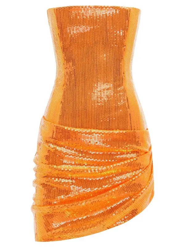 Alex Perry Strapless Draped Sequin Mesh Mini Dress - Orange
