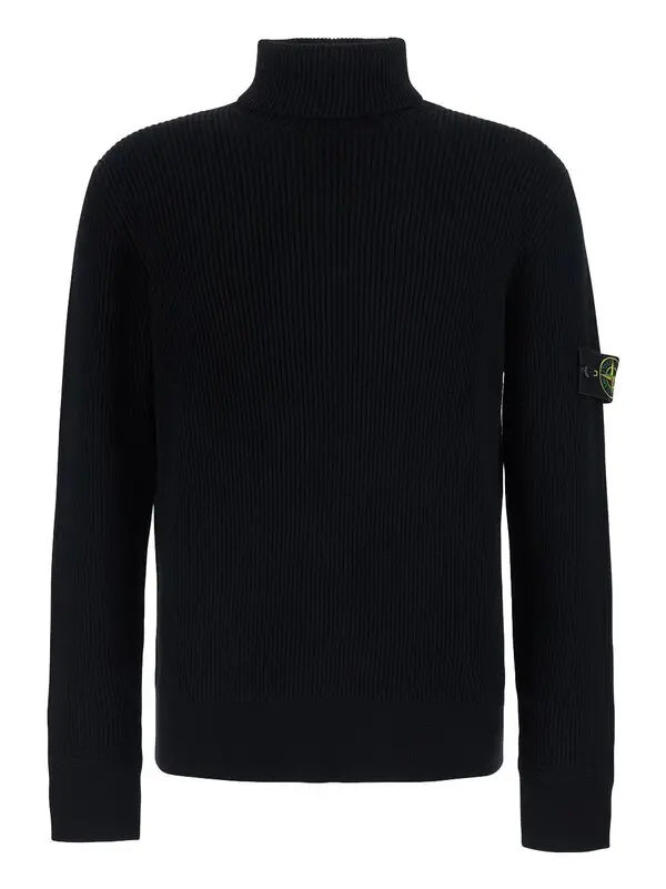 Stone Island Wool High-neck Sweater With Logo Patch - Black