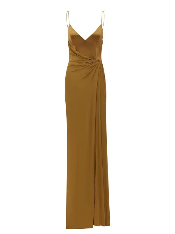 Alex Perry Draped Column Maxi Dress In Duchess Satin And Jersey - Bronze