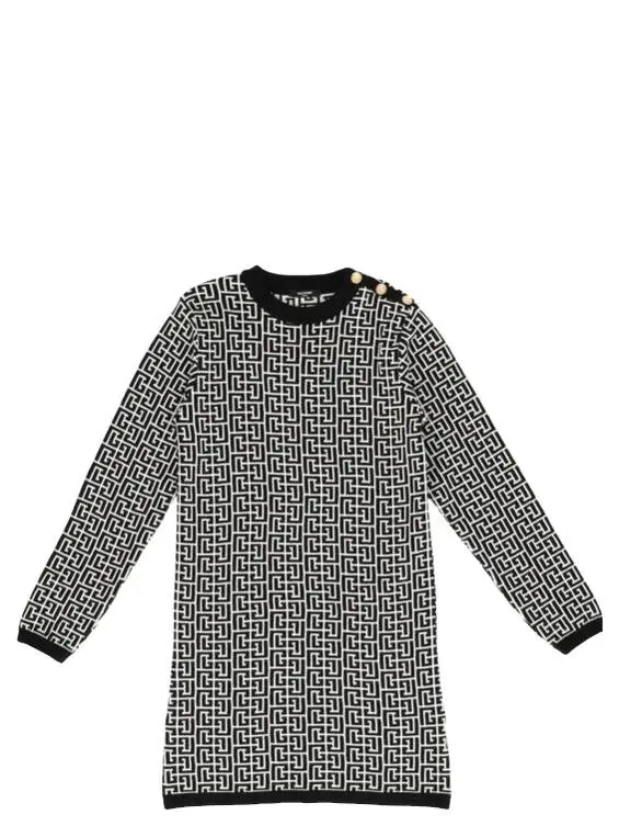 Balmain Monogram-knit Button-detail Dress - Gray