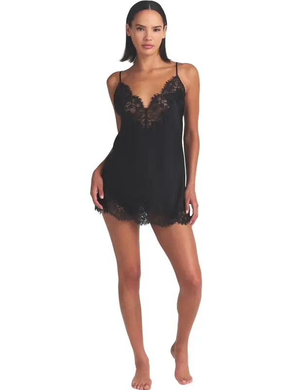 SKIMS Lace Trimmed Mini Slip Dress - Onyx