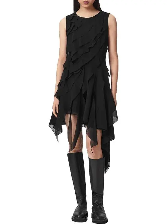 ALLSAINTS Angie Ruffled Asymmetrical Handkerchief Hem Dress - Black