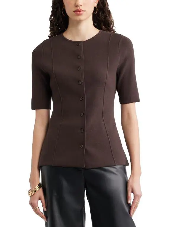 Nordstrom Crewneck Elbow Sleeve Button-up Cardigan - Brown Mole