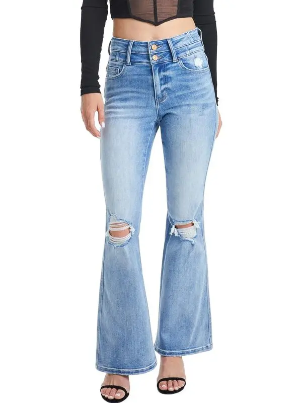 BAYEAS High Waist Flare Jeans With Ripped Knees - Sapphire