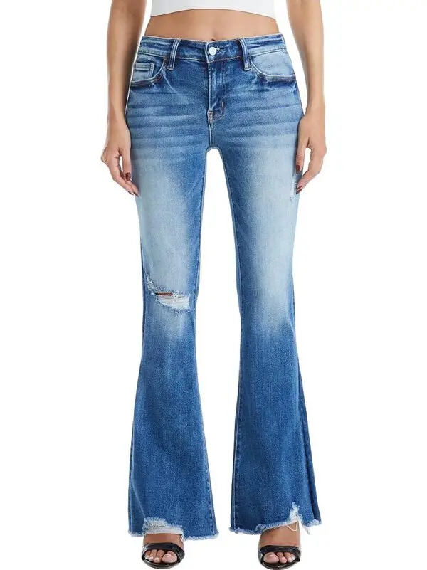 BAYEAS Frayed Hem Flare Jeans - Medium Blue