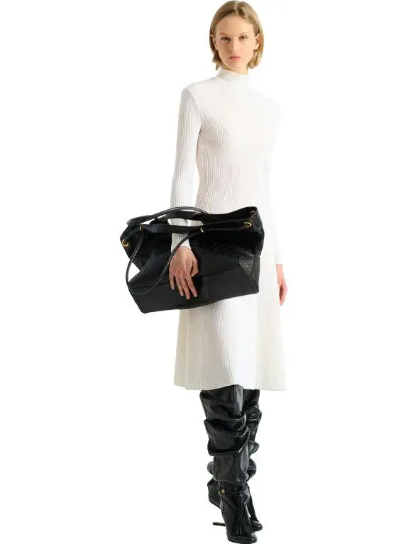 Balmain Long Ribbed Knit Dress With High Neck And Gold Zip - White