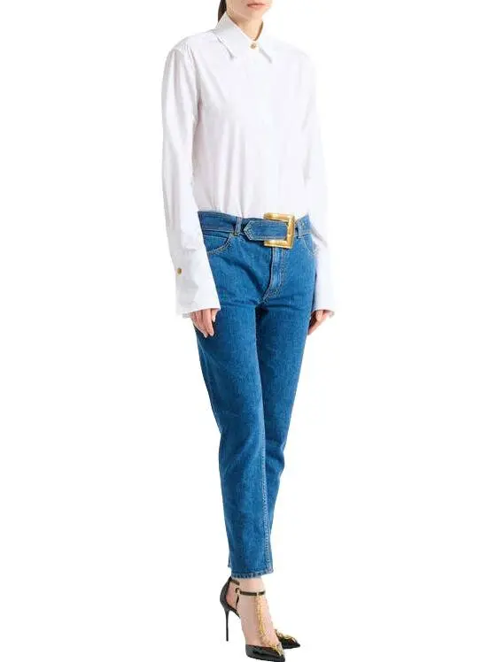 Balmain High-waisted Belted Fitted Denim Jeans - Blue