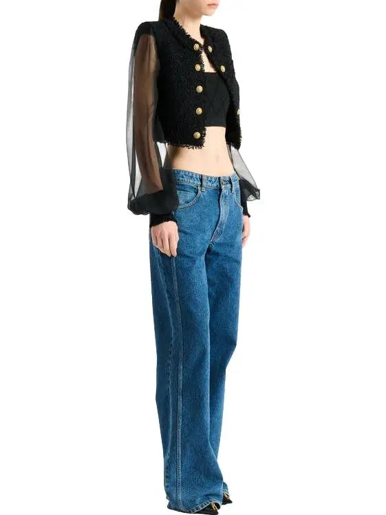 Balmain Cropped Tweed And Muslin Jacket With Decorative Buttons - Black