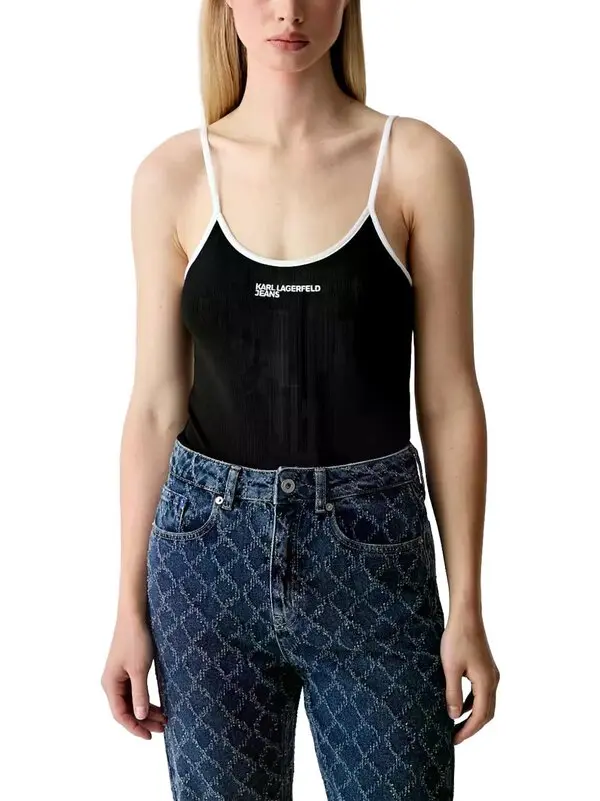 Karl Lagerfeld Ribbed Knit Logo Print Bodysuit - Black