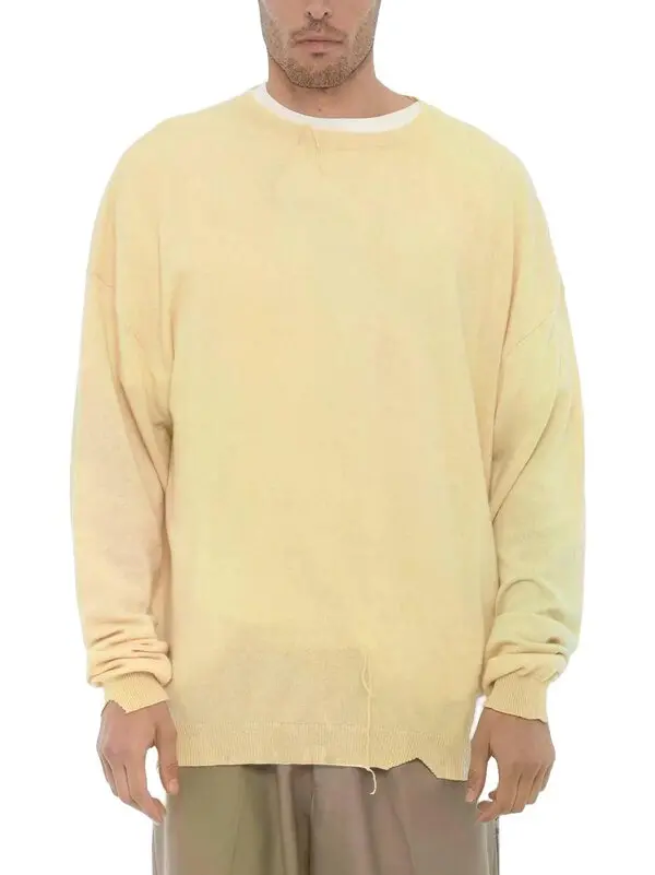 RAMAEL Crew Neck Long Sleeve Sweater With Distressed Finish - Yellow