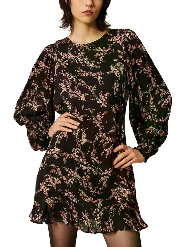 TWINSET Floral Print Ruffled Mini Dress - Black