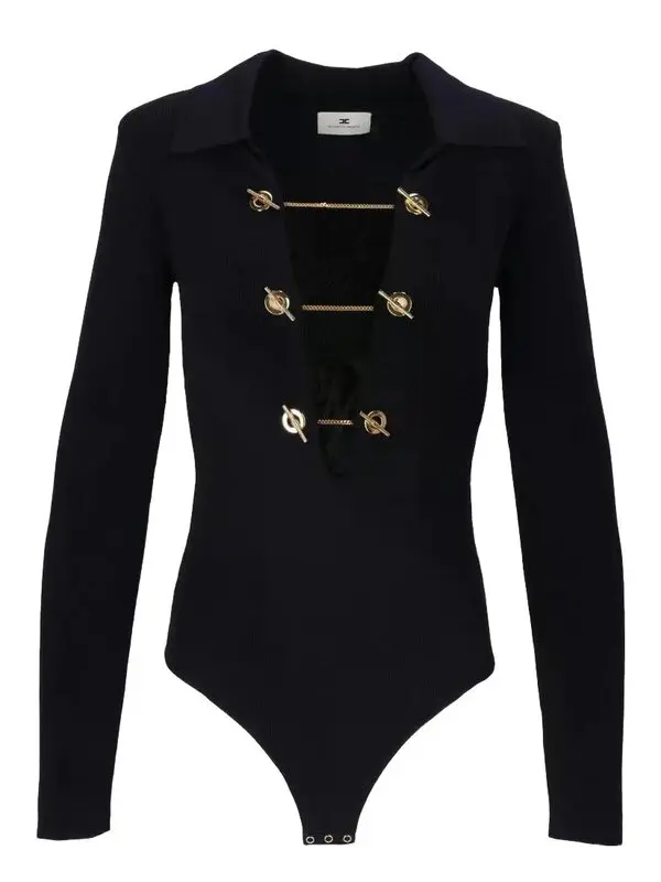 Elisabetta Franchi Ribbed Knit Bodysuit With Chain Detailing - Black