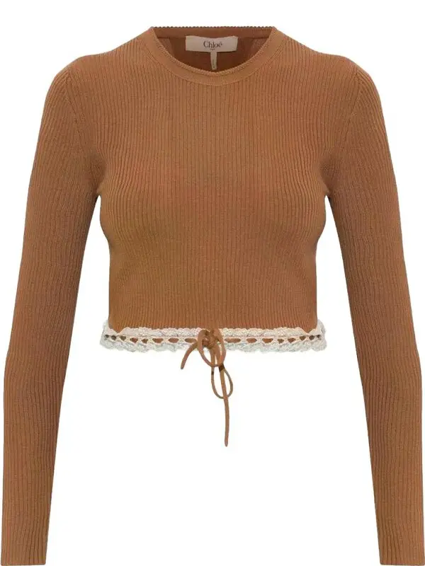 Chloé Lace-trimmed Cropped Ribbed-knit Sweater - Brown