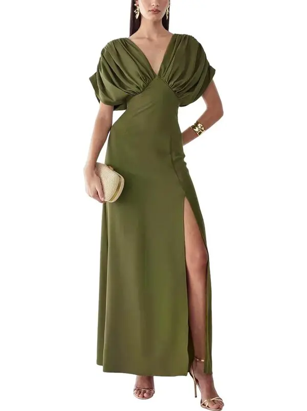 BWLDR V-neck Ruched Maxi Dress - Green