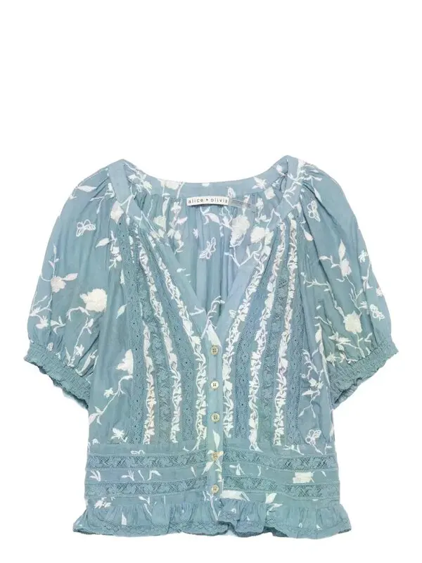 Alice + Olivia Embroidered Lace-trimmed Cotton Blouse - Blue