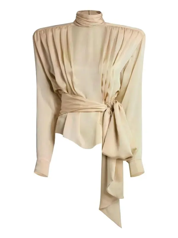Balmain Silk Chiffon Blouse With Padded Shoulders And Tie - Neutrals