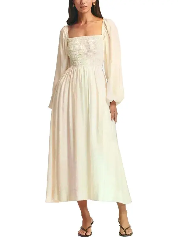 ST MRLO Long Sleeve Midi Dress With Puff Sleeves - Neutrals