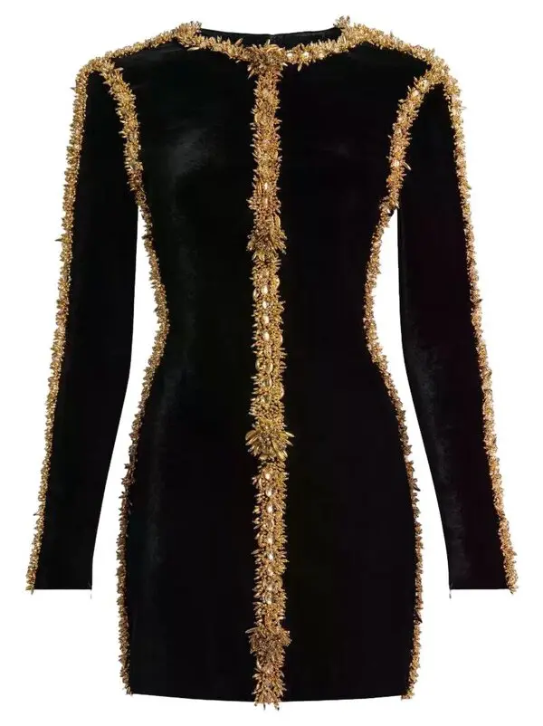 Balmain Velvet Dress With Embroidered Trim - Black